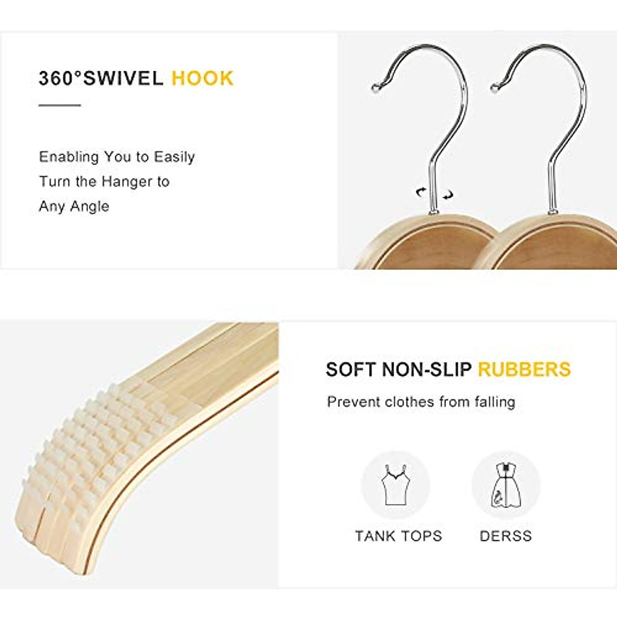 TOPIA HANGER Slim Natural Wood Hangers with Extra Soft Non-Slip Rubber Grips, 18-Pack High-Grade Fashion Hanger No Shoulder Bump for Sweater, Camisole, Jacket, Dress, Coat -CT16N