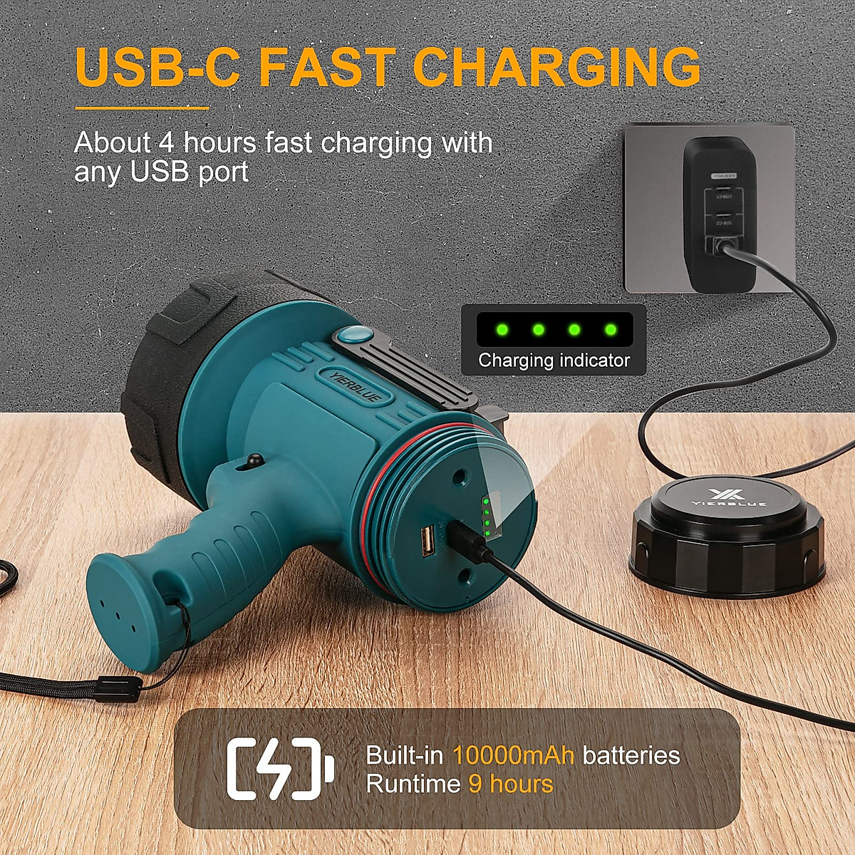 YIERBLUE Rechargeable Spotlight Flashlight with 1000,000 Lumen LED, IP67 Waterproof Long Running Spot Light searchlight, Impact Resistant Handheld Spotlight with Foldable Stand and Detachable Red Lens