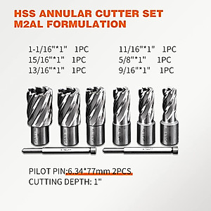 M2AL HSS Annular Cutter Set 6pcs LYXC 3/4'' Weldon Shank 1'' Cutting Depth 9/16'' to 1-1/16'' Cutting Diameter with 2pcs Pilot Pin for Mag Drill Press