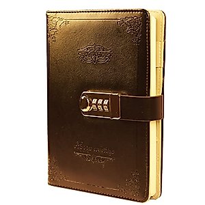 JunShop Digital Password Journal with Lock Retro Privacy Diary with Combination Lock Leather Binder Notebook Locking Journal Diary (Black)
