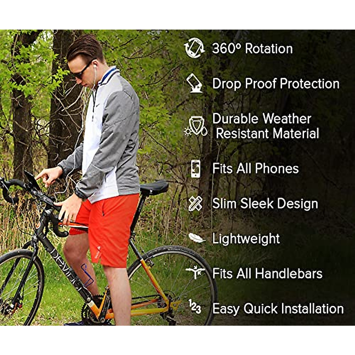 E Tronic Edge Bike Phone Mount - Rotating Cell Phone Holder for Bicycle Handlebar Compatible with iPhone 6 7 8 X 11 12 13 Samsung Galaxy (All-Terrain)