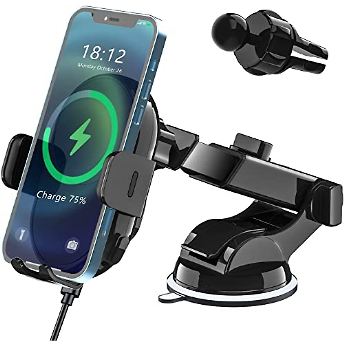 SUPERNIGHT Wireless Car Charger, 15W Qi Fast Charging Auto Clamping Phone Holder Mount on Air Vent & Dashboard for iPhone Samsung Galaxy etc, Wireless Auto-Sensing Charger Phone Holder