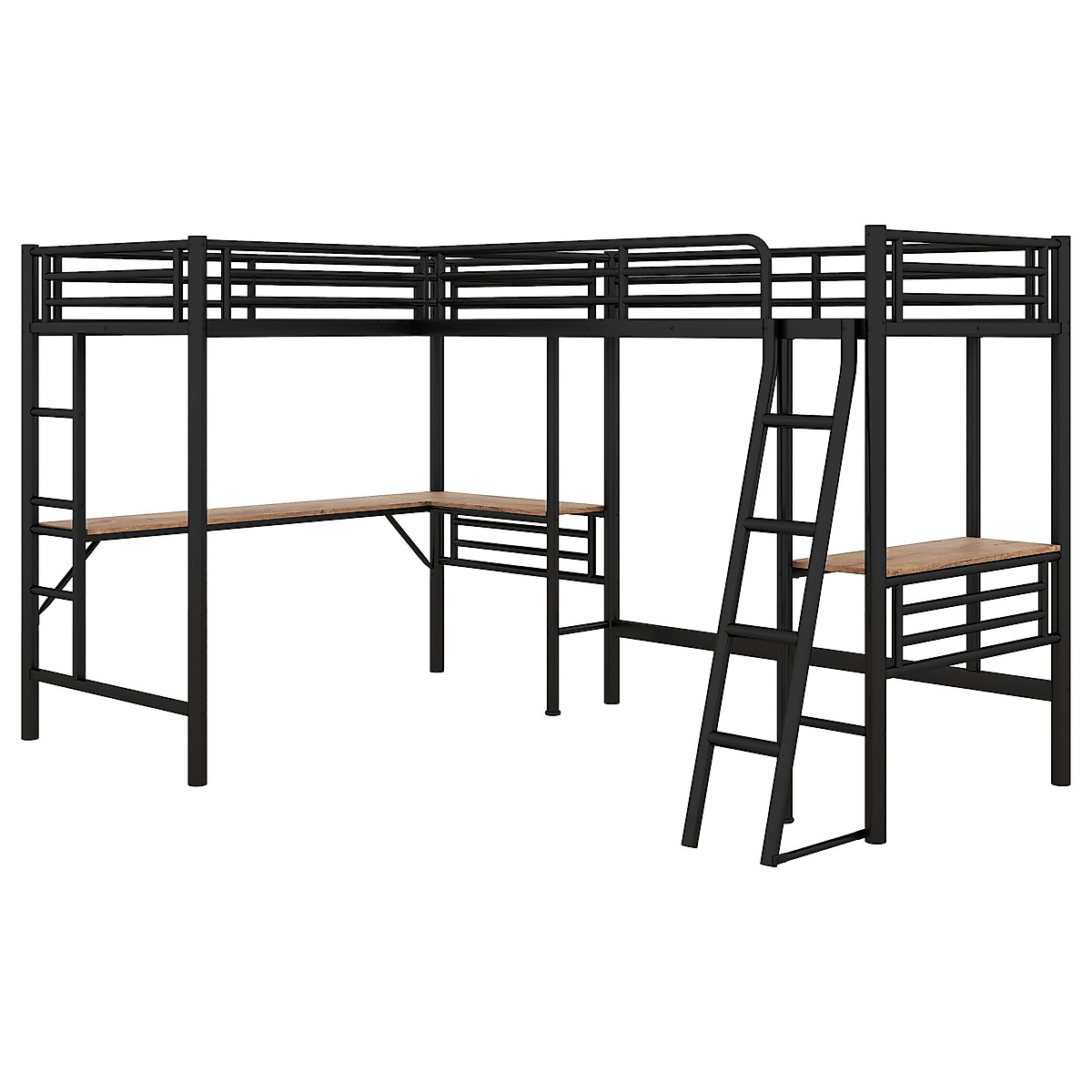 MERITLINE Metal Twin Size L-Shaped Loft Bed, Twin Size Loft Bed Frame with Two Built-in Desks Underneath for Kids Boys Teens, Black