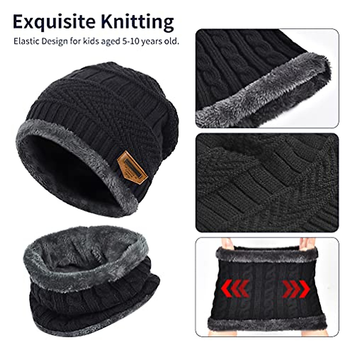 Kid Hat Scarf Gloves Set - Winter Knit Beanie Cap Neck Warmer Touch Screen Mitten Boy Girl 5-10 Year