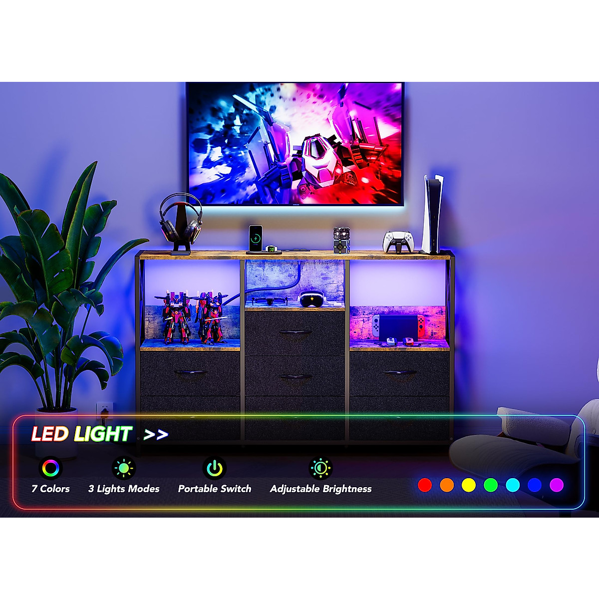 Black Dresser for Bedroom, 53" Dresser TV Stand with LED Light and Power Outlets, 7 Drawers Dressers, Fabric Chest of Drawers with Open Shelf, Large Dressers for Bedroom, Living Room