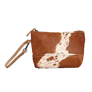 Myra Bag Snowy & Cocoa Upcycled Canvas & Cowhide Wristlet Pouch Bag S-1471