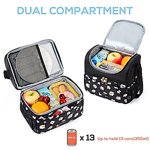 TOURIT Dual Compartment Lunch Bag Women Insulated Lunch Box Cooler Bag for Men, Women, Work, Picnic, Black with Daisy
