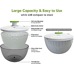 Brieftons 6.2-Quart Large Salad Spinner: Vegetable Washer Dryer Drainer Strainer with Bowl & Colander, Easy One-Handed Pump, Compact Storage, for Washing, Cleaning & Drying Greens, Vegetables, Fruits