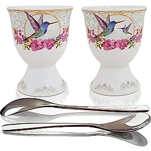 NobleEgg Egg Cups for Soft Boiled Eggs - Vintage Style Porcelain Egg Cups Holders, Authentic Egg Spoons 18/10 Stainless Steel