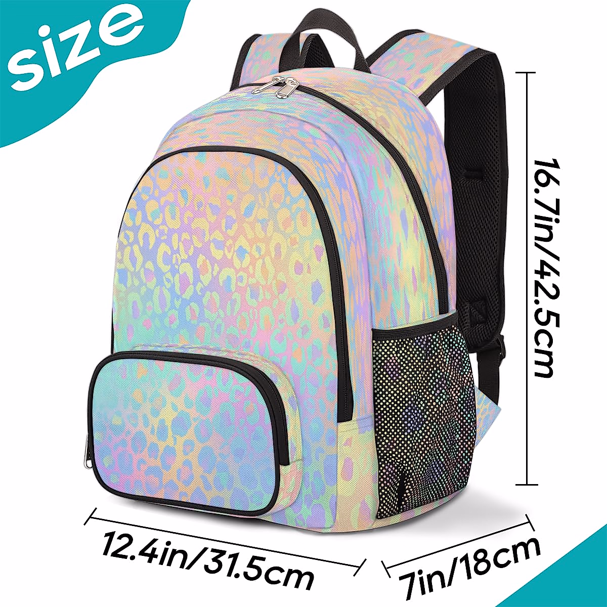 Pardick Leopard Print School Backpacks for Girls Boys Teens Students - Rainbow Leopard Print Stylish College Schoolbag Book Bag - Water Resistant Travel Backpacks for Women Men