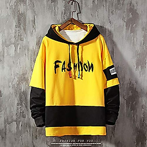 Thenlian Men's Casual Fashion Printing Patchwork Hoodie Long Sleeves Sweatershirt Tops(XXXXXL, Yellow)