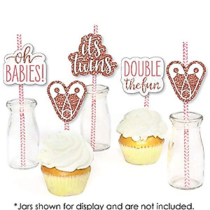 It’s Twin Girls - Paper Straw Decor - Pink and Rose Gold Twins Baby Shower Striped Decorative Straws - Set of 24