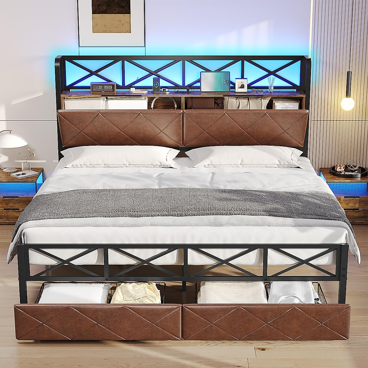 DICTAC King LED Bed Frame with Hidden Storage Headboard, Brown Leather Upholstered Bed Frame with 2 Drawers, Metal Platform King Led Headboard with Charging Station