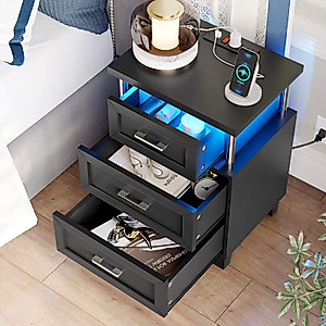 VIAGDO Black Nightstand Set of 2, LED Night Stand Set 2 with Charging Station, Modern Nightstand with 3 Drawers, Vintage Bedside Tables, End Side Table with Storage for Bedroom, Office