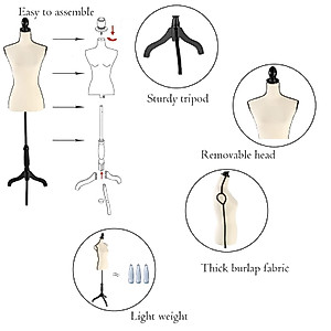 Female Dress Form, 52-64 Inch Adjustable Mannequin Dress Forms for Sewing, Mannequin Torso Jewelry Display Wood Tripod Stand Clothing Forms,Beige