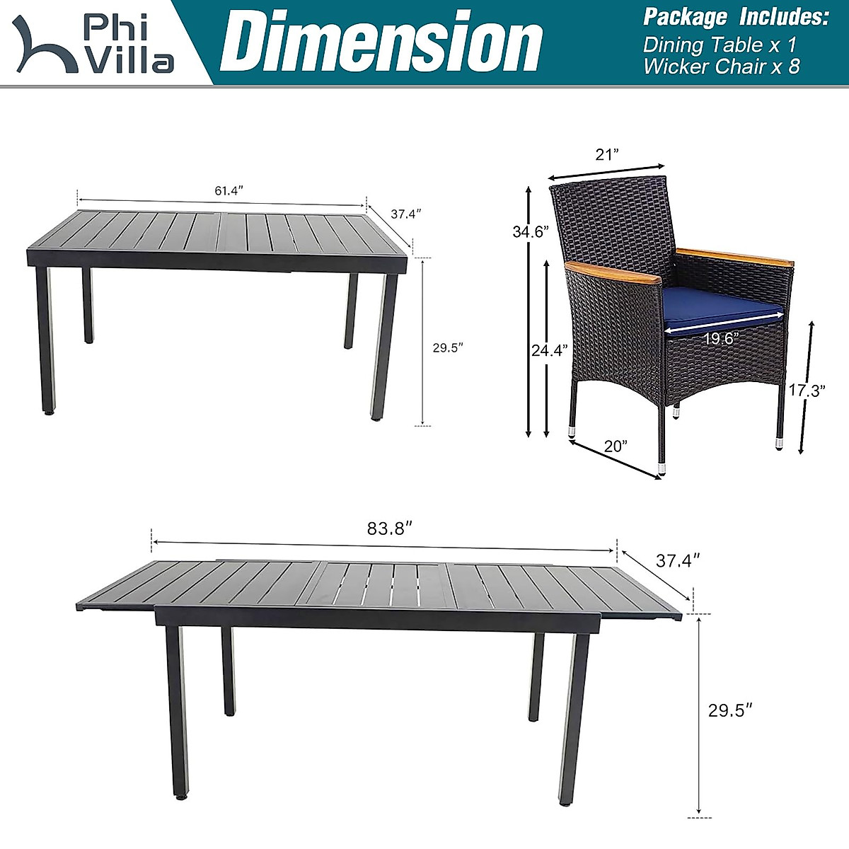 PHI VILLA 9-Piece Outdoor Patio Dining Set for 8, Expandable Rectangular Metal Dining Table & Rattan Cushioned Chairs Furniture Set for Backyard, Deck,