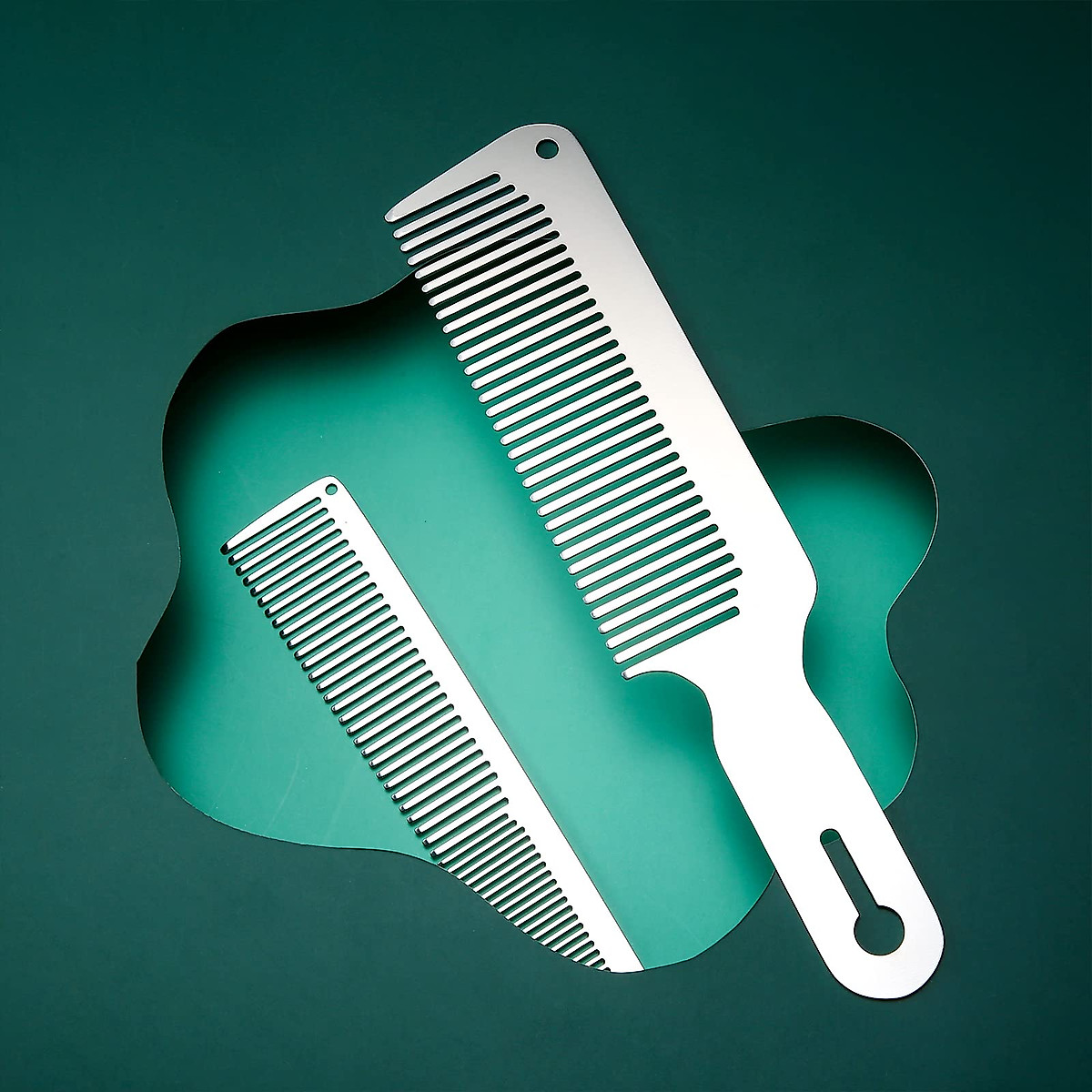 Patelai 2 Pieces Metal Comb Set, Stainless Steel Blending Comb Fine Styling Cutting Comb Flat Top Clipper Comb Metal Detangling Comb for Men Women Salon, Silver