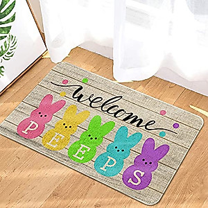 Roszwtit Easter Door Mat 30 X 17 Inch Easter Bunny Welcome Peeps Doormat Indoor Outdoor Entrance Floor Mat Non Slip Easter Decor Rubber Mats