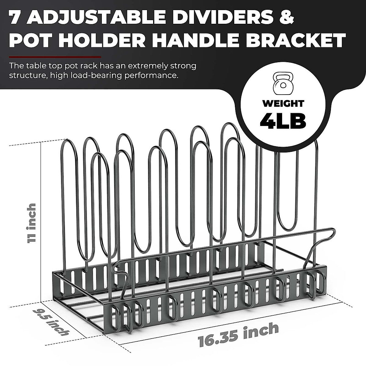 Vdomus Pan Organizer with Pot lid Holder Handle Bracket Design, Black Metal Kitchen Pot and pan organizer rack for cabinet or Counter, pot organizer with 7 adjustable dividers