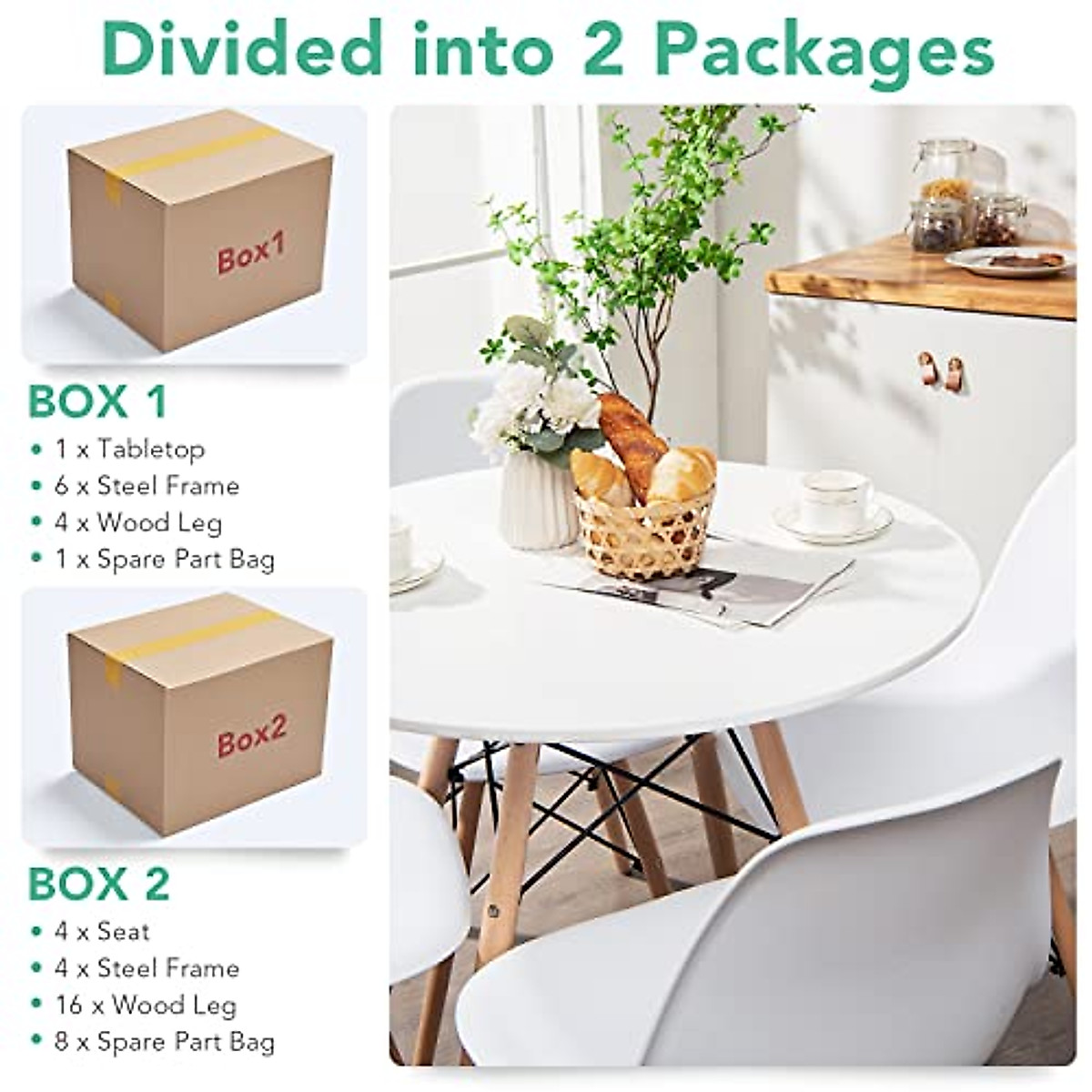 Giantex 5-Piece Dining Table Set, Modern Round Dining Table & 4 DSW Chairs W/Solid Wood Legs, Dining Room Set, Farmhouse Home Furniture for Kitchen Restaurant, Dining Table Set for 4, White