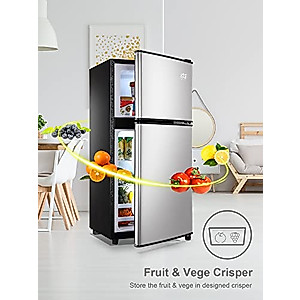 KRIB BLING 3.5 Cu.Ft Refrigerator 2 Door 7 Level Adjustable Thermostat Control Top-Freezer Refrigerator Lock Fresh Energy Saving Silver