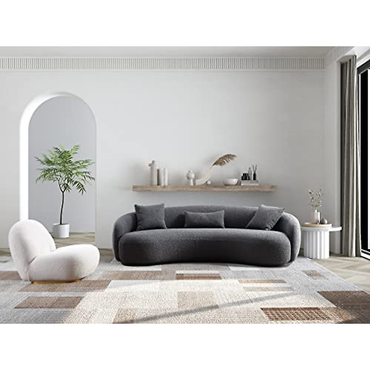 Acanva Mid Century Modern Curved Living Room Sofa, 4-Seat Boucle Fabric Couch for Bedroom, Office, Apartment, Dark Grey