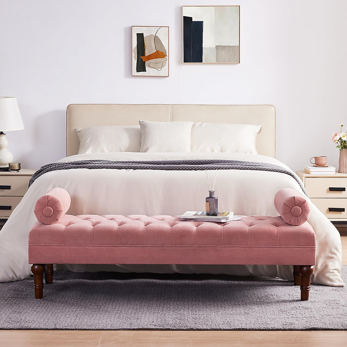 Batohom 60.2" End of Bed Bench,Large Size Bedroom Bench,Upholstered Window Bench with Button-Tufted,Entryway Bench,Storage Bench for Living Room(Pink)