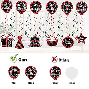 Birthday Decorations Red Black, Happy Birthday Party Decorations for Men Women Boys Girls (48pack), Happy Birthday Banner Gifts, Double-Sided Pattern Card, 9 Pompoms, Hanging Swirl Bday Decor Supplies