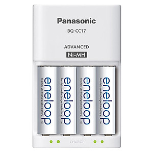 Eneloop Panasonic Advanced 4-Cell Battery Charger BQ-CC17SBA White & Ni-MH AA Battery BK-3MCCA4BA 1.2V 4pk Rechargeable