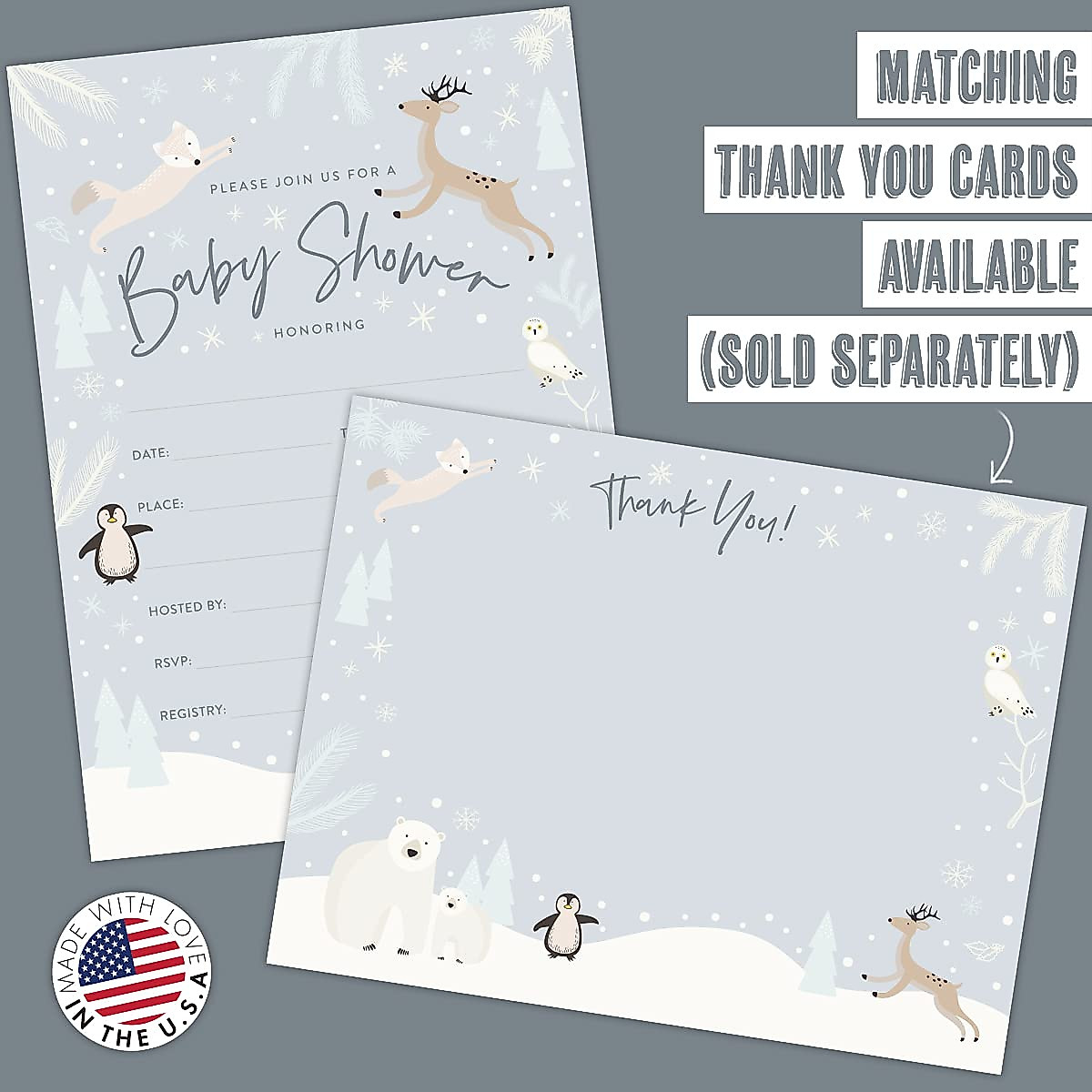Koko Paper Co Snowy Winter Wonderland Baby Shower Invitations and Diaper Raffle Tickets | 25 Fill-in Invitations, 25 Bright White Envelopes and 25 Diaper Raffle Tickets | 75 pcs Total | Printed on Heavy Card Stock.