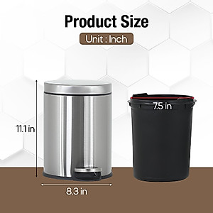NChanmar Bathroom Trash Can with Lid, 6 Liter / 1.6 Gallon Round Mini Trash Can, Portable Pedal Garbage Can for Kitchen, Office, Stainless Steel Trash Can, Removable Inner Basket, Easy to Clean (2)