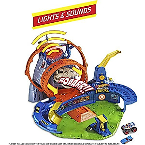 Hot Wheels Monster Trucks T-Rex Volcano Playset with 1:64 Scale Race Ace Toy Truck & 1 Toy Car, Track Set with Dinosaur Nemesis