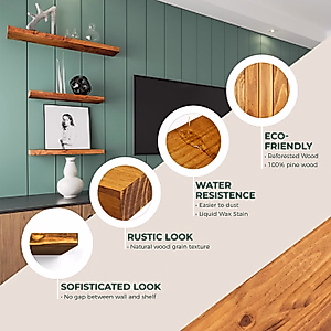 LETTO Set of 2 Solid Wood Floating Shelves - Floating Shelves for Wall - Bathroom Wooden Shelves - All Included Set-up - Mounted - Home Decor - 24" Width x 1.57" Height x 8" Depth - Honey Oak