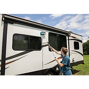 Camco RV Flow-Through Wash Brush | Features an Adjustable Handle, a Standard Garden Hose Connection, and an On/Off Button to Control Water Flow (43633)