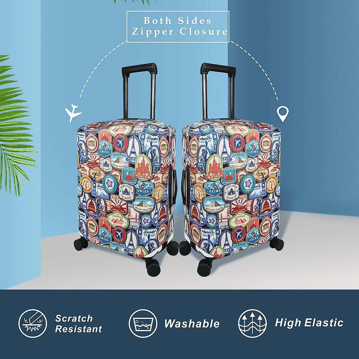 Explore Land Travel Luggage Cover Suitcase Protector Fits 31-32 Inch Case (Landmark Sticker, XL)