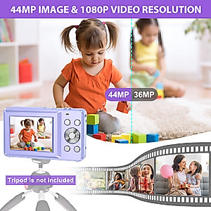 Digital Camera, Kids Camera with 32GB Card FHD 1080P 44MP Vlogging Camera with LCD Screen 16X Zoom Compact Portable Mini Rechargeable Camera Gifts for Students Teens Adults Girls Boys-Purple