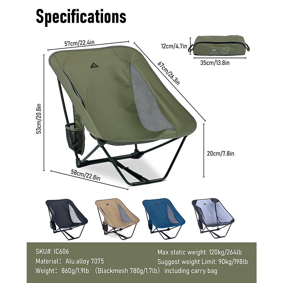 iClimb Low Ultralight Compact Camping Folding Chair with Side Pocket and Carry Bag (Green)