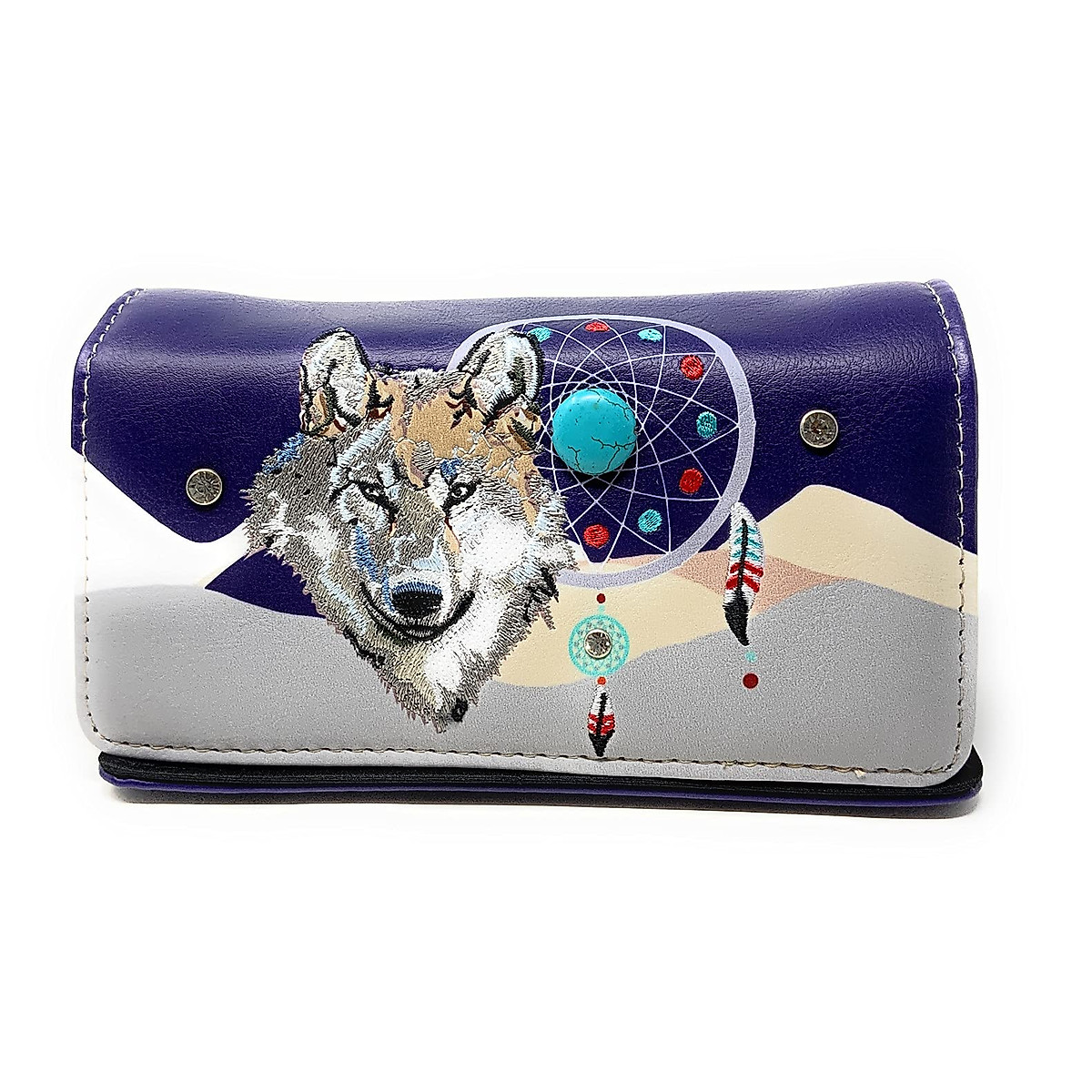 Western Wolf Dream Catcher Embroidery Feather Conceal Carry Women Handbag Purse in 5 colors (Black Wallet)