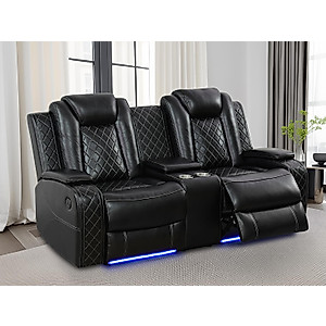 Dekmxas Living Room Sofa Set Black Breathing Leather Sofa Living Room Furniture Power Recliner Manual Adjustable Loveseat with Cup Holders/Storage Console/LED Light for Living Room, Office, Rv Car