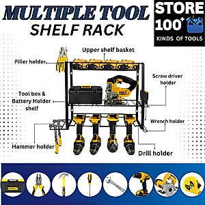 LORO ESSENTIALS Power Tool Organizer for Tool Storage - Garage Storage Tool Organizer Wall Mount - Storage Rack for Cordless Drill Holder - Heavy Duty Shelving with Tool Box Holder and Battery Holder