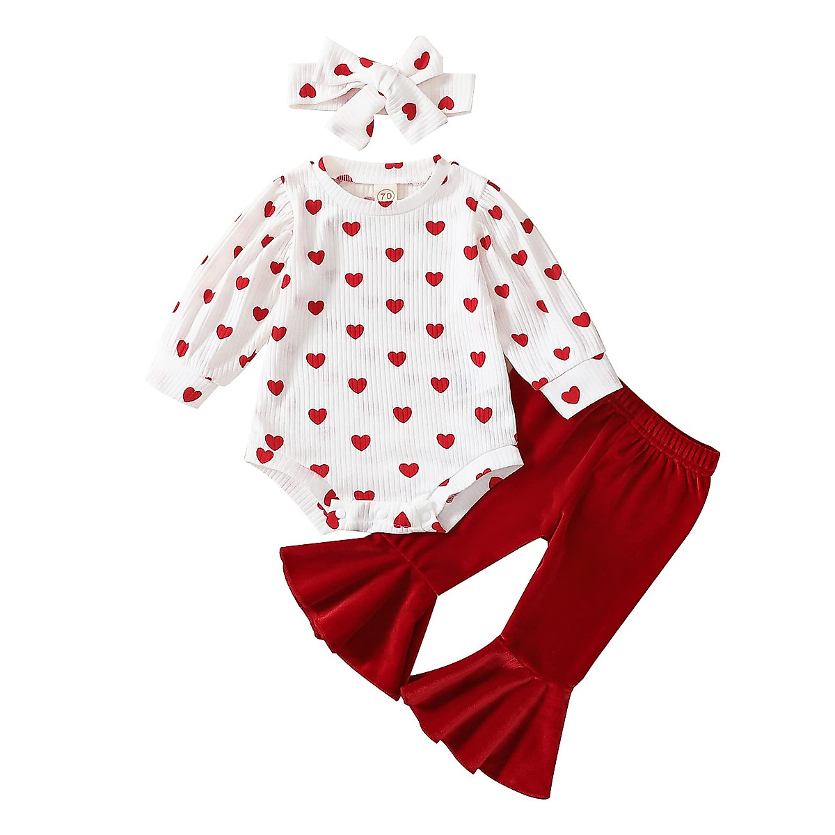 Tsnbre Newborn Baby Girl Valentines Day Outfit Heart Print Romper Tops Bell Bottom Pants Headband 3Pcs Clothes Set (Red, 0-3 Months)