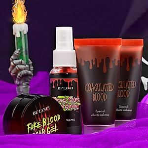 Fake Blood Washable, Fake Blood Makeup Kits- Fake Blood Spray(50ml), Fake Coagulated Blood (30g),Stage Blood(60ml),Halloween Makeup for Clothes,Face,Body Paint,Vampire,Zombie,Clown,Monster,Consumes