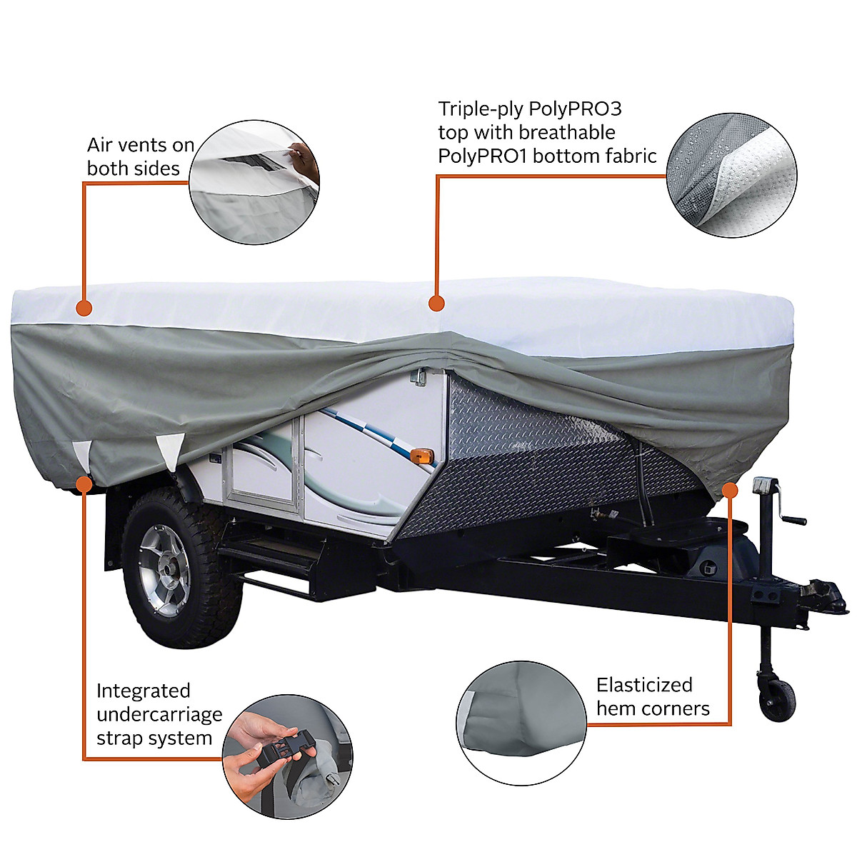 Classic Accessories Over Drive PolyPRO3 Folding Camping Trailer Cover, Fits 10'-12'L, Camper RV Cover, Customizable Fit, Water-Resistant, All Season Protection for Motorhome, Grey/Snow White