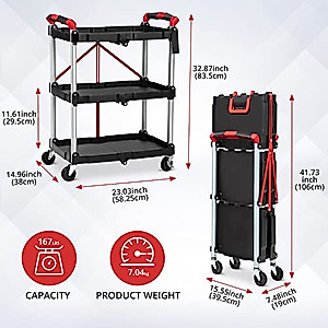 Collapsible Service Cart,3-Tier Portable Cart/Detailing Cart/Utility Carts with 2 Lockable Wheels Use for Home/Commercial/Office/Warehouse,Black, 56 Lb. Load Capacity Per Shelf