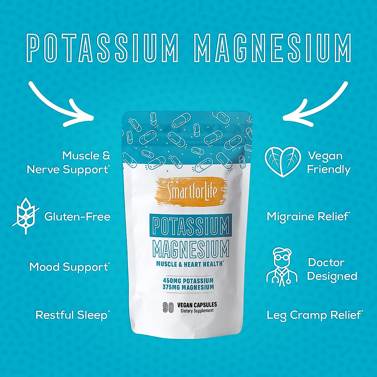 SMART FOR LIFE Potassium Magnesium Supplement – High Absorption Magnesium Complex – 90 Vegan Capsules - Magnesium and Potassium Supplement for Vascular Health, Magnesium for Leg Cramps and Sleep 90 ct