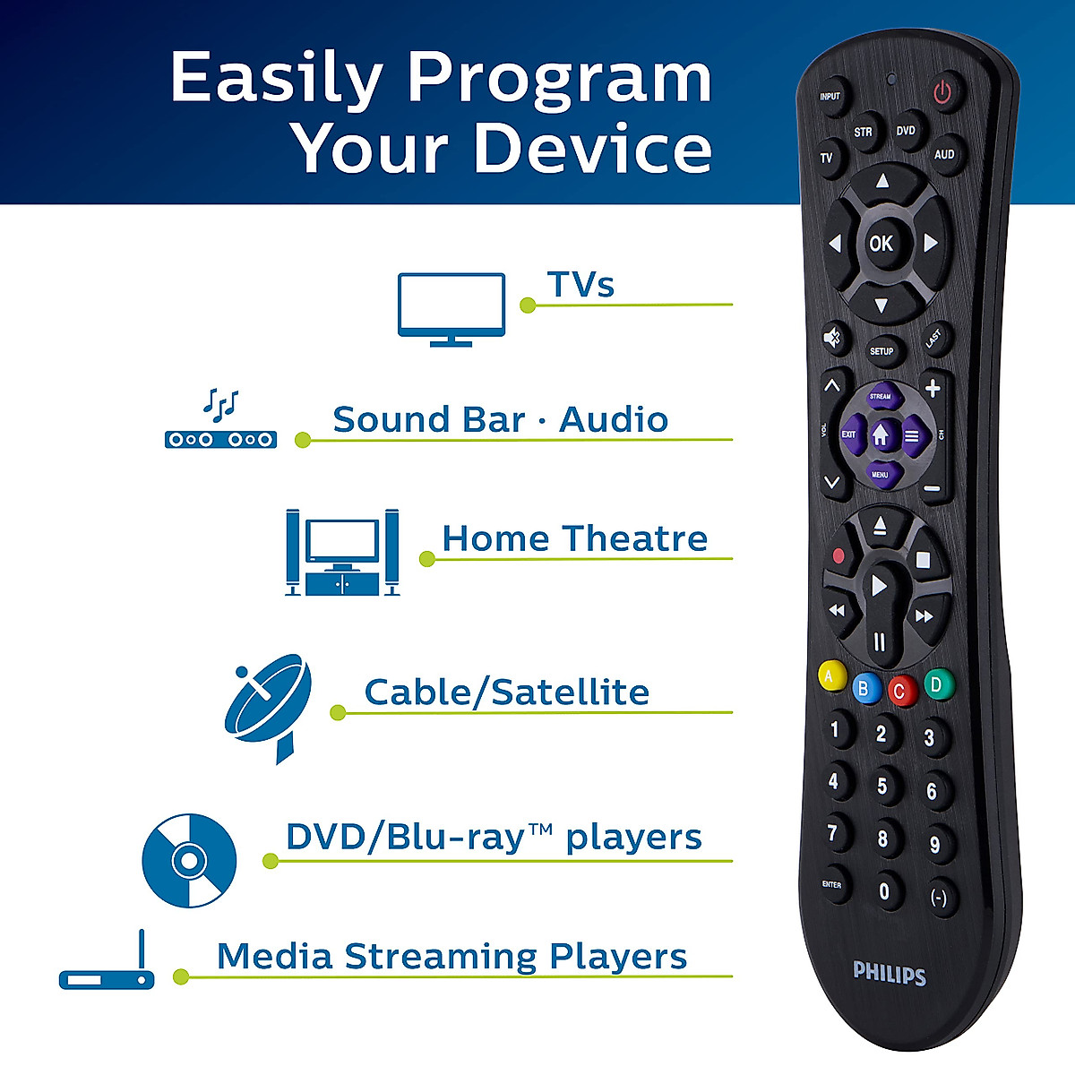 Philips Universal Remote Control, Universal TV Remote Replacement, Samsung TV Remote Control Universal, for Roku Remote Replacement, Vizio, LG, Sony, Apple TV, Smart TVs, 4 Device, Black, SRP9243B/27