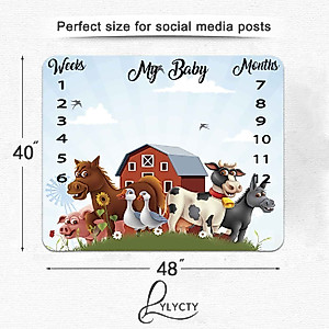 LYLYCTY Baby Monthly Milestone Blanket, Farm Theme Month Blanket for Newborn Baby Shower, Farm Animals Photography Background for Baby 48x40 inches BTCJLY13