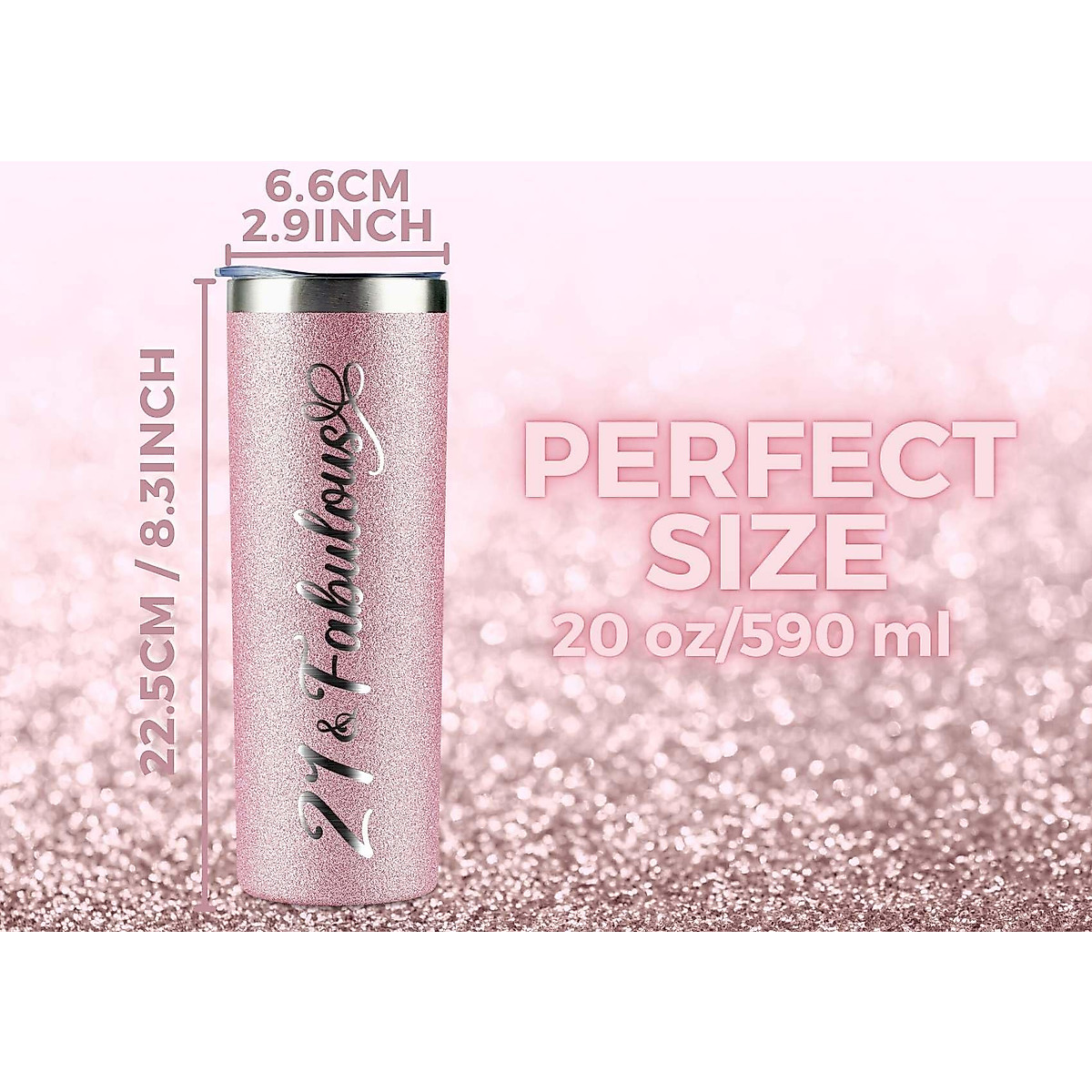 Onebttl 21st Birthday Gifts for Women, Girl, Her - 21 and Fabulous -20oz/590ml Stainless Steel Insulated Glitter Tumbler with Straw, Lid, Message Card - (Rose Gold)