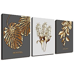 Gray and Gold boho Abstract Wall Art 3 Pieces Modern Stretched and Framed White Flower Gold Leaf Canvas Paintings for Living Room Home Office and Bedroom Bathroom Wall Decor Canvas Size: 12"x16"x3