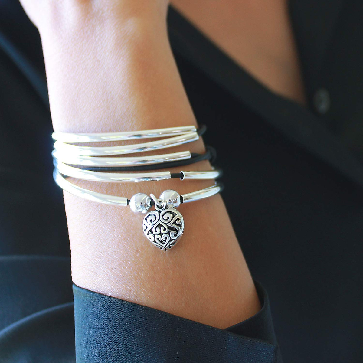 Lizzy James Girlfriend Silver Charm Bracelet Necklace w Puffed Heart Charm in Natural Black Leather (Medium)